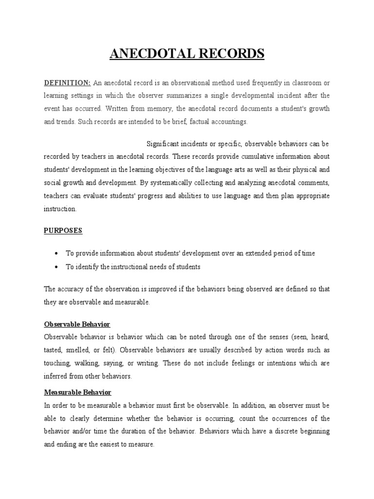 Anecdotal Records: DEFINITION: An Anecdotal Record Is An Observational ...