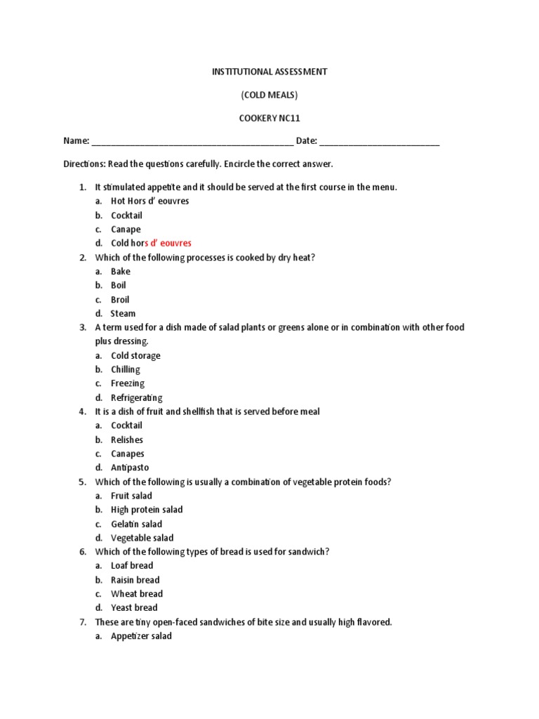 INSTITUTIONAL ASSESSMENT. Cookery | PDF | Hors D'oeuvre | Salad