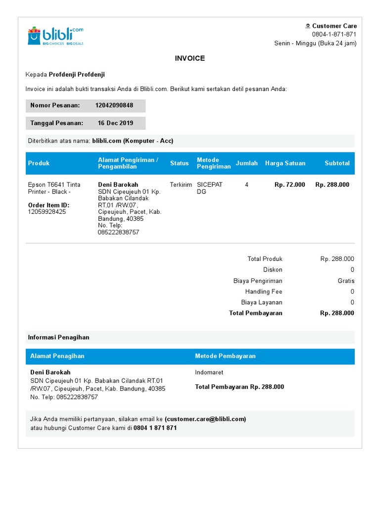 Nota Pembelian Tinta Printer Epson | PDF