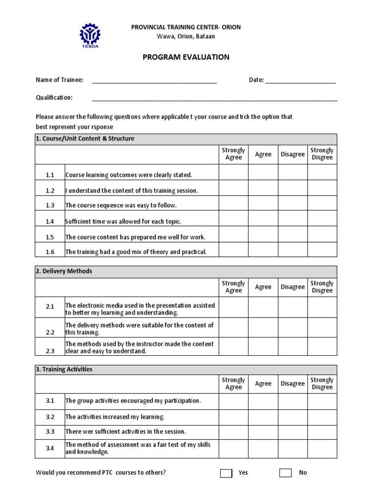 Program Evaluation: Provincial Training Center-Orion | PDF | Program ...
