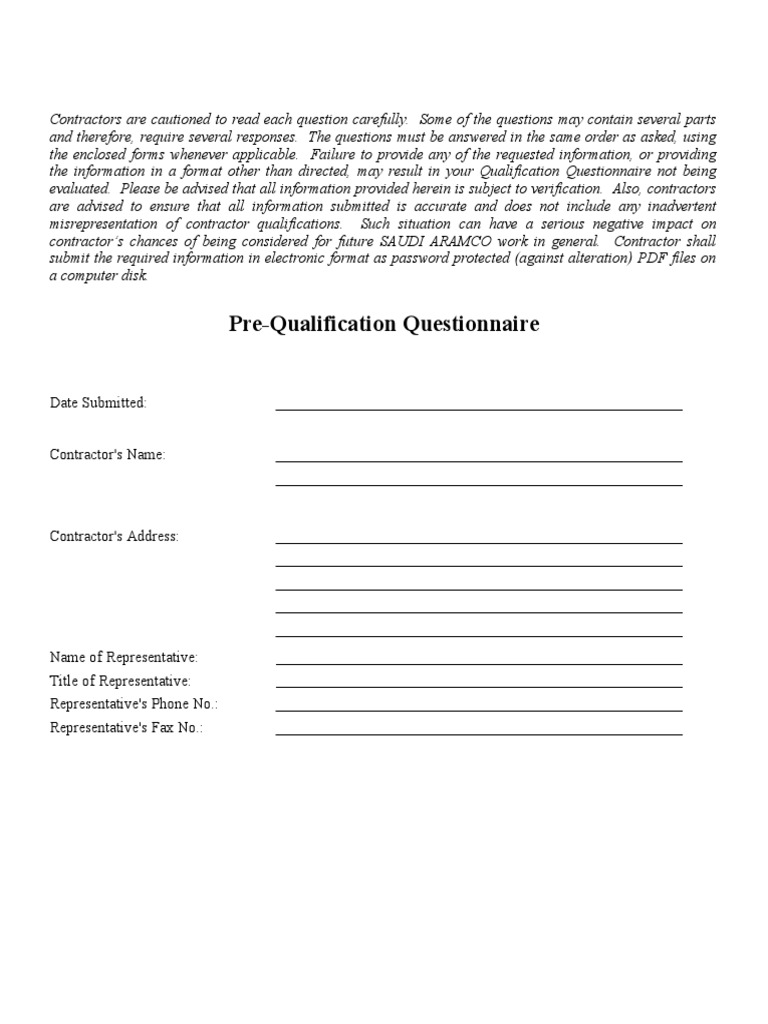 ARAMCO Pre-Qualification Questionnaire (Contractors) - EMPTY | PDF | Résumé | Business