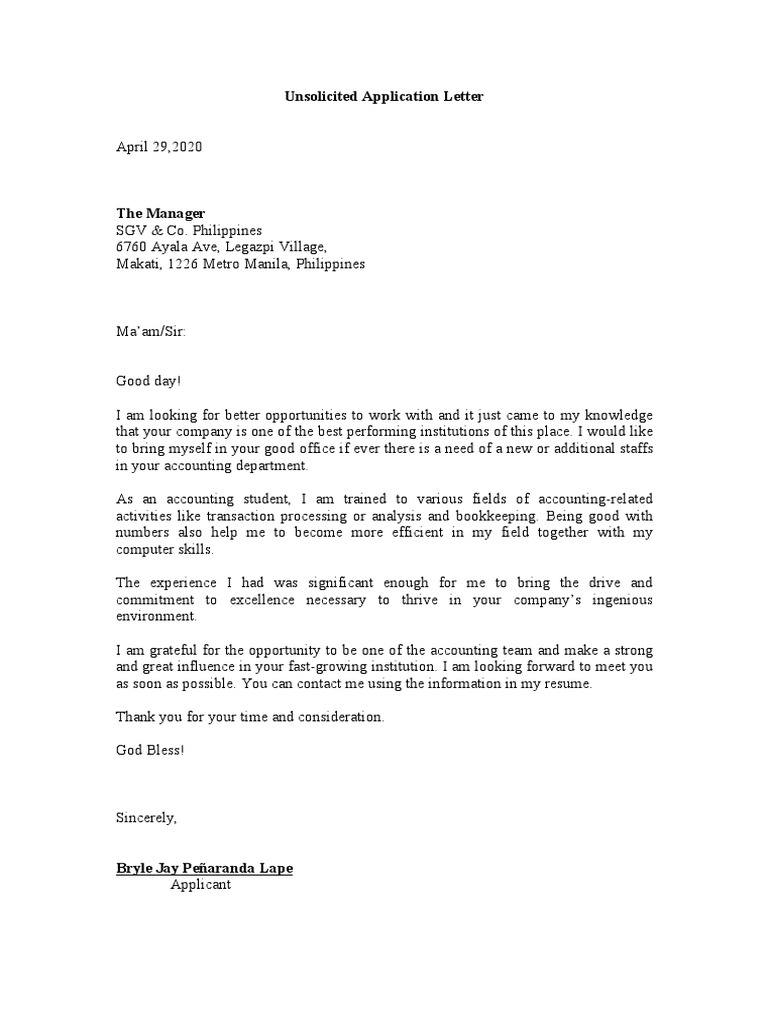 Unsolicited Application Letter - Lape | PDF | Career & Growth | Business