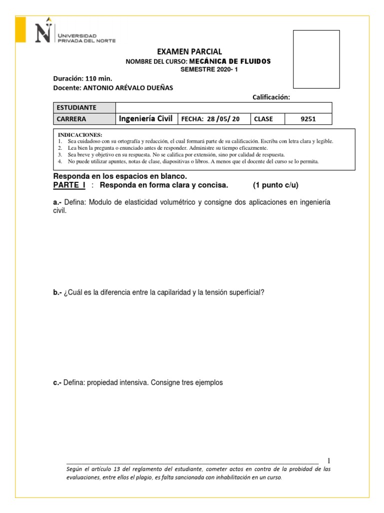 Upn Examen Parcial Jueves 28mayo2020 | PDF | Viscosidad | Prueba (evaluación)