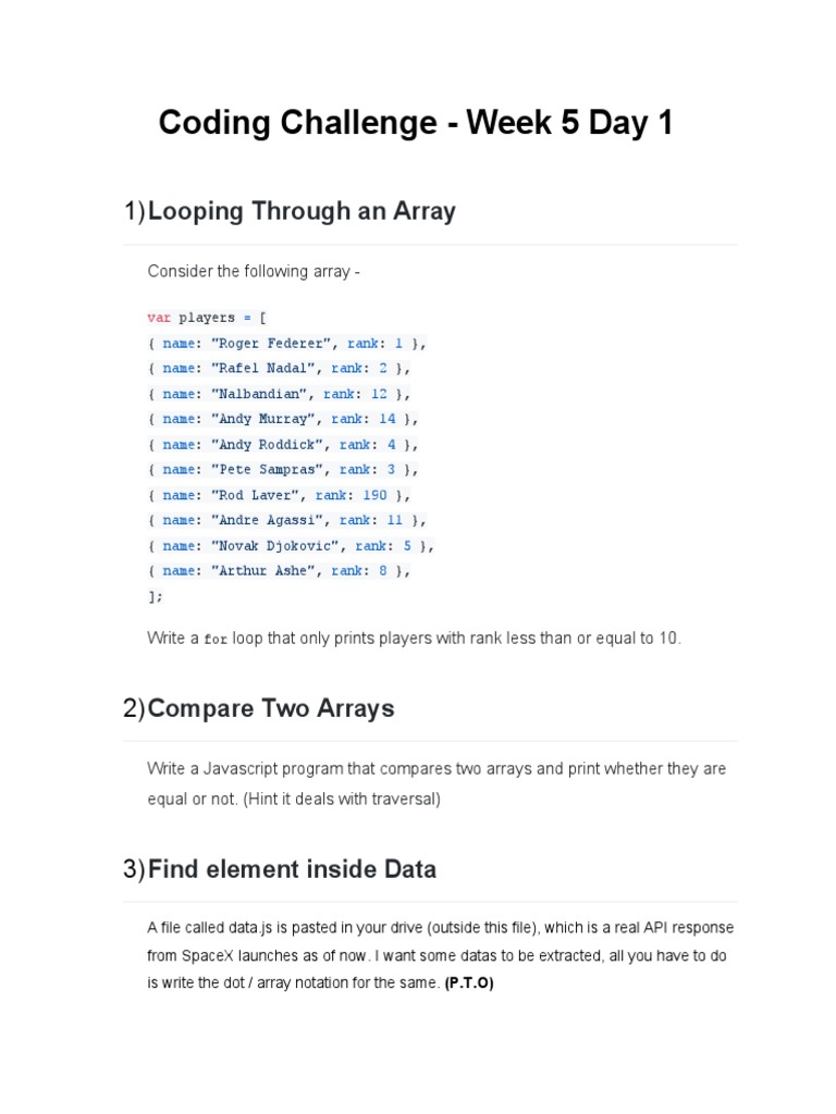 Coding Challenge - Week 5 Day 1: Looping Through An Array | PDF