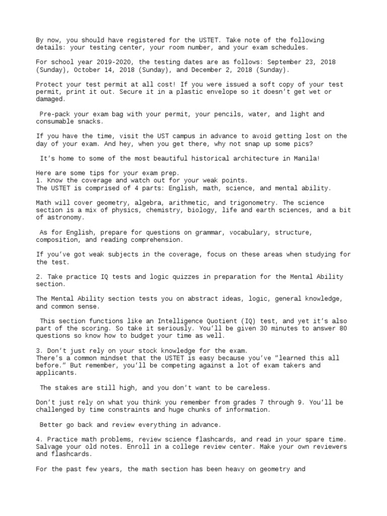 Tips For USTET | PDF | Test (Assessment) | Applied Psychology