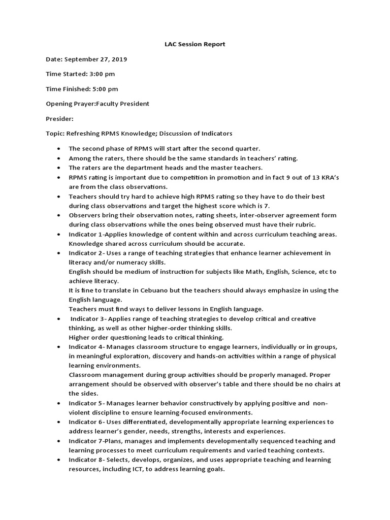 LAC Session Report 1 | PDF | Curriculum | Teachers