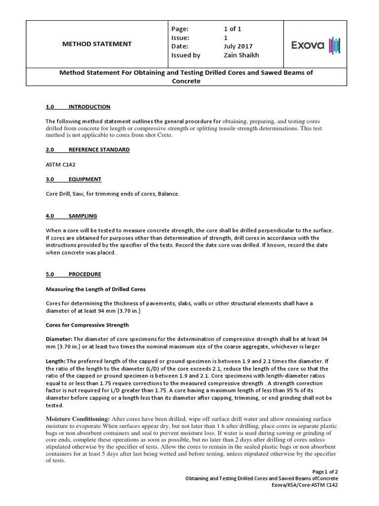 Method Statement Concrete Coring (ASTM C 142) | PDF | Concrete ...