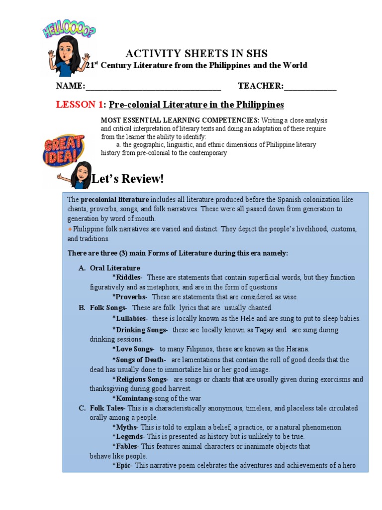 Pre-Colonial Literature Activities | PDF | Epic Poetry | Folklore