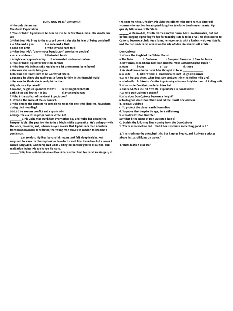 Long Quiz Docu in Shs 21st | PDF | Estella (Great Expectations) | Great ...