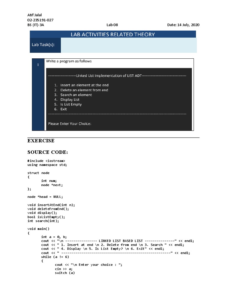 Exercise Source Code:: Atif Jalal 02-235191-027 BS (IT) - 3A Lab 08 ...