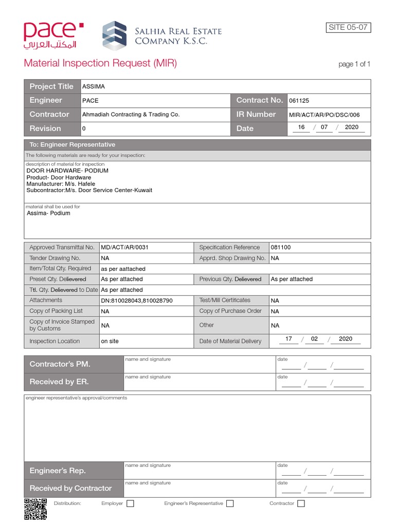 Material Inspection Request (MIR) : Project Title Engineer Contract No ...