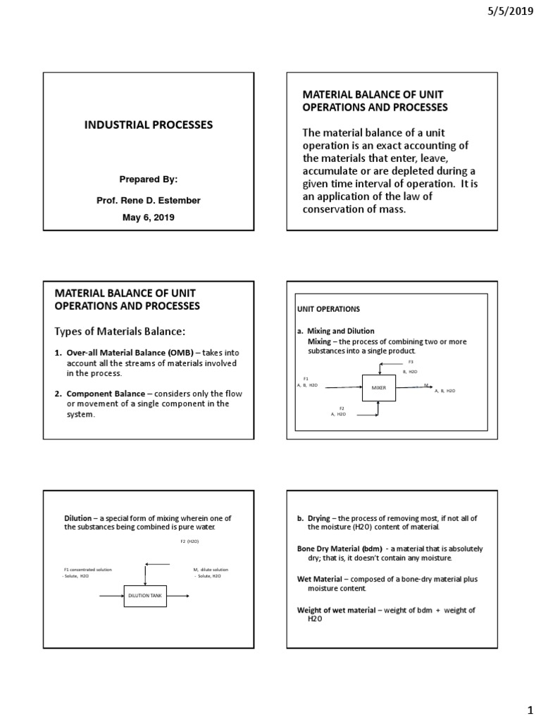 Industrial Processes: Material Balance of Unit Operations and Processes ...