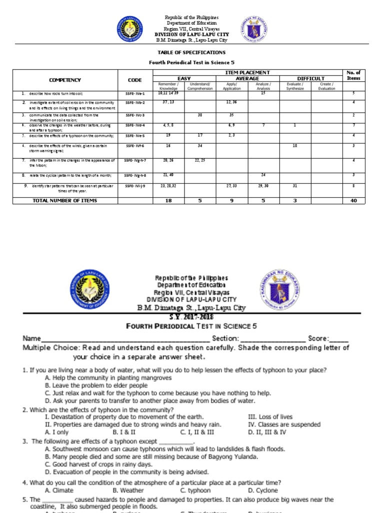 SCIENCE Gr. 5 - 4th Quarter TEST PAPER | PDF | Moon | Tropical Cyclones