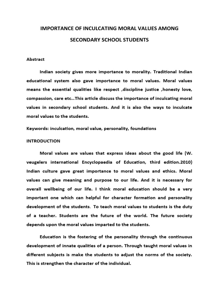 IMPORTANCE OF INCULCATING MORAL VALUES AMONG SECONDARY SCHOOL STUDENTS ...