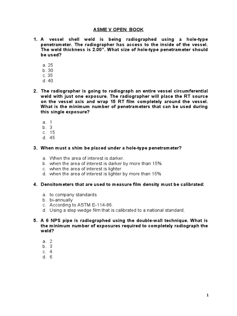 ASME Section V Radiography Testing Open Book Practice Exam | PDF ...