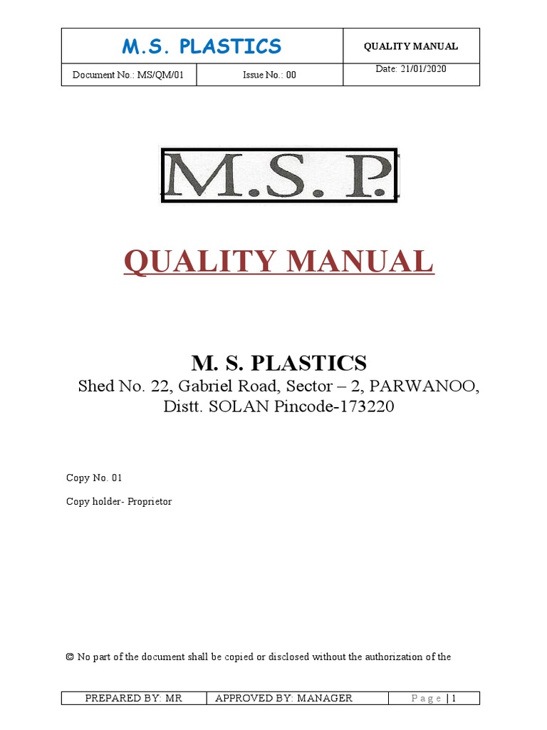 Quality Manual: M. S. Plastics | PDF | Quality Management | Quality ...