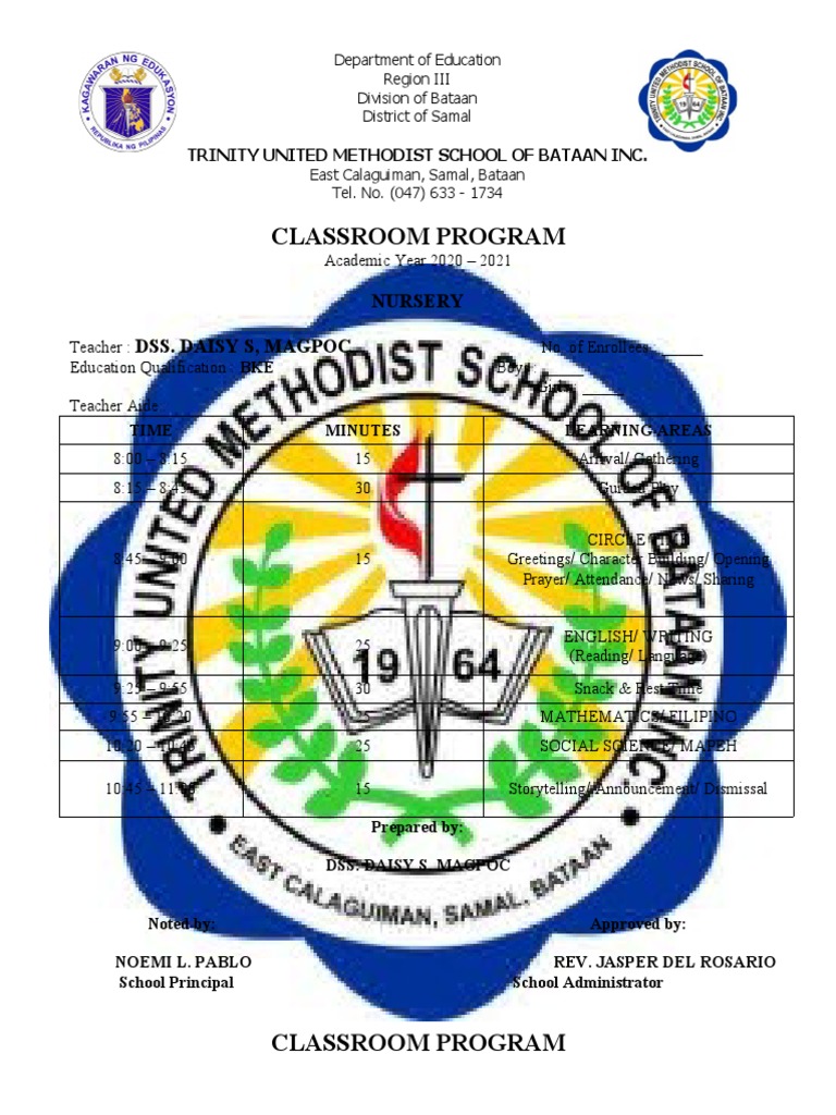 Classroom Program: Nursery Dss. Daisy S, Magpoc | PDF | Behavior Modification | Cognition
