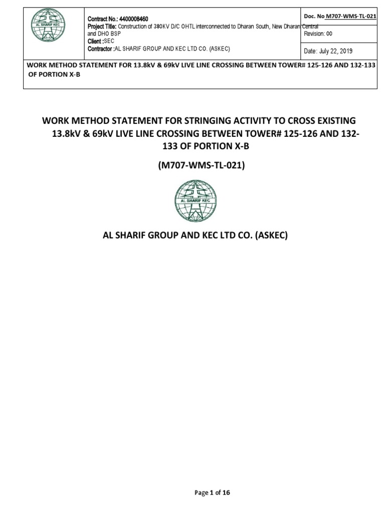 Method of Statement and JSA For 13.8kV and 69kV Live Line Crosssing ...