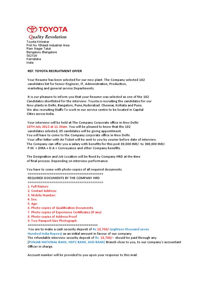 Ref: Toyota Recruitment Offer | PDF | Bangalore | Economies
