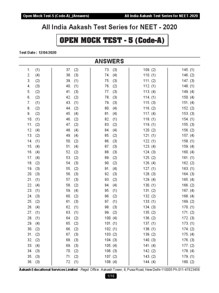 NEET 2020 Aakash Test-5 Answers | PDF | Nitric Acid | Acid