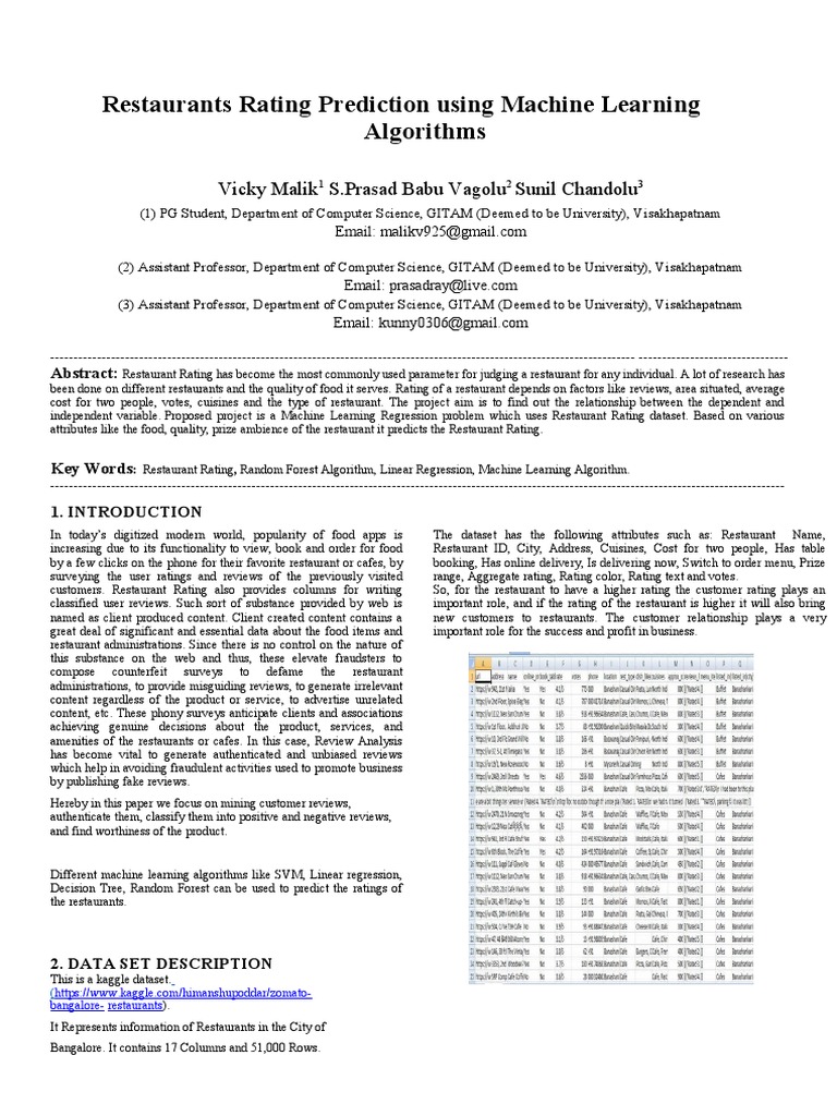 Restaurants Rating Prediction Using Machine Learning Algorithms | PDF | Machine Learning | Data ...