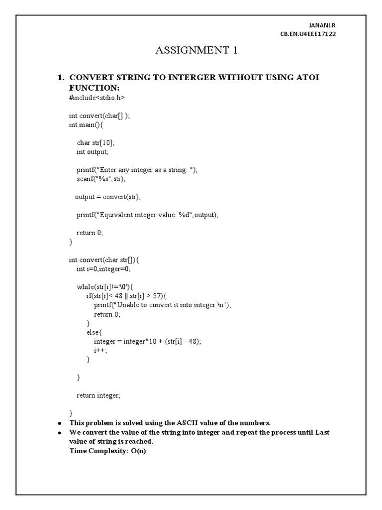 Assignment 1: 1. Convert String To Interger Without Using Atoi Function | PDF | Mathematical ...