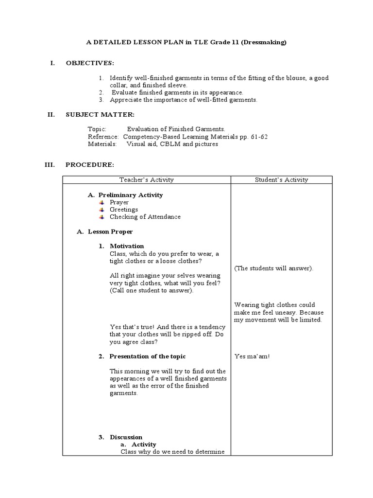 Lesson Plan in Dressmaking | PDF | Blouse | Lesson Plan
