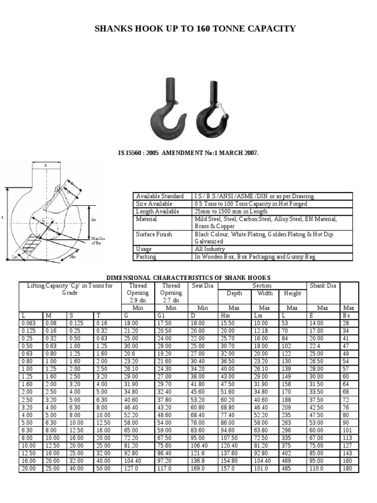 Shanks Hook Up To 160 Tonne Capacity: IS 15560: 2005 AMENDMENT No:1 ...