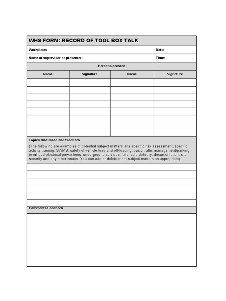 Whs Form: Record of Tool Box Talk | PDF