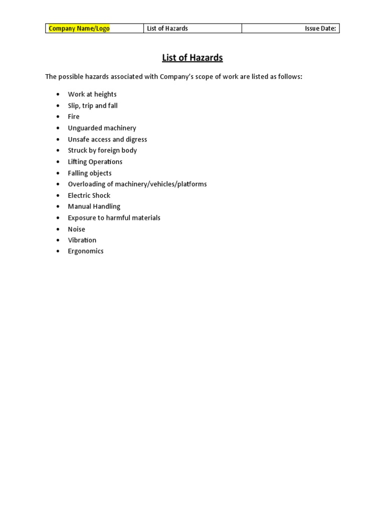 Company Hazard Identification List | PDF | Computers