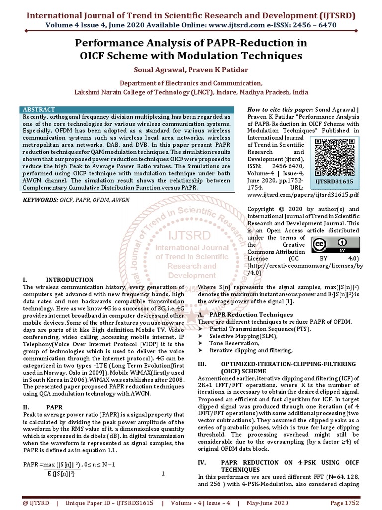 Performance Analysis Of Papr Reduction In Oicf Scheme With Modulation Techniques Pdf 4 G