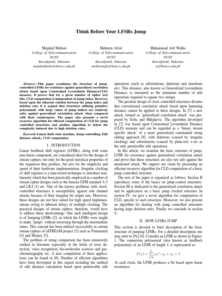 Think Before Your LFSRs Jump 2 | PDF | Applied Mathematics | Espionage Techniques