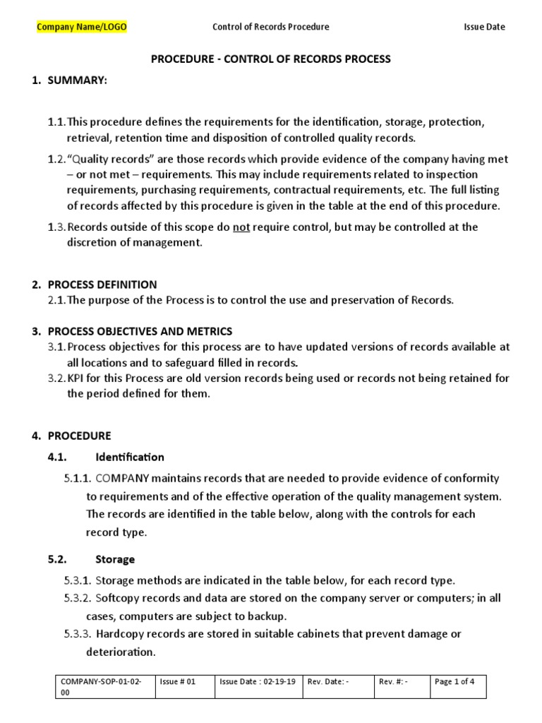 Control of Records Procedure Overview | PDF | Records Management | Backup