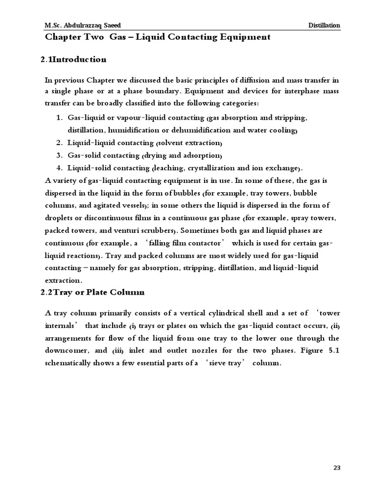 Chapter Two Gas - Liquid Contacting Equipment: M.Sc. Abdulrazzaq Saeed Distillation | PDF ...