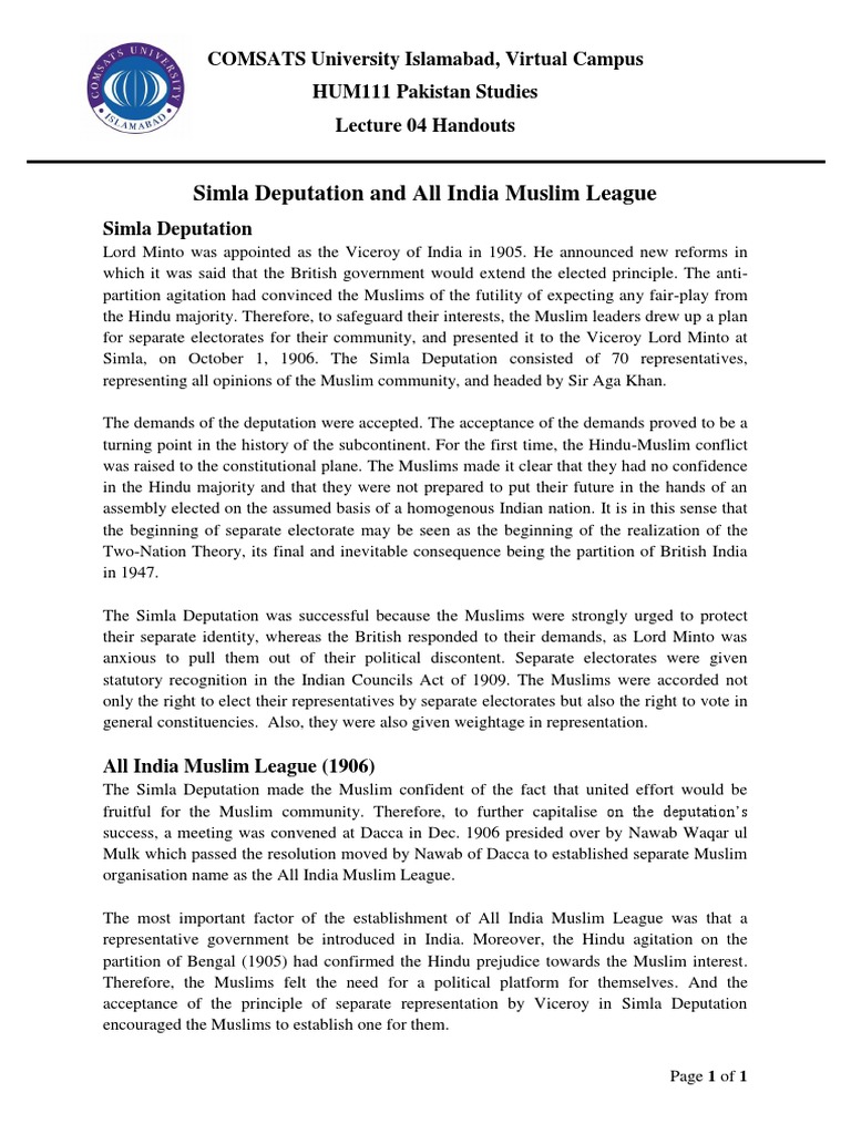 Lecture04Simla Deputation and All India Muslim League | PDF | All India ...