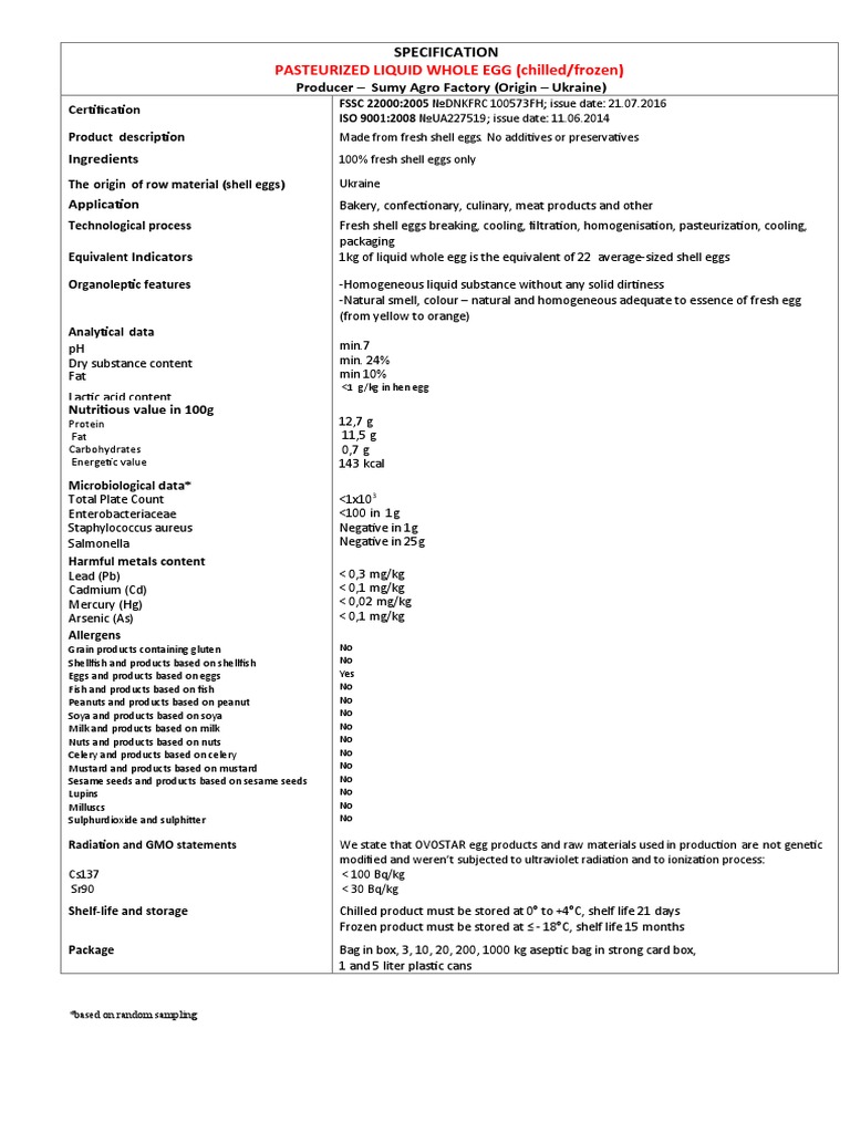 Pasteurized Liquid Whole Egg Specs | PDF | Egg As Food | Shelf Life