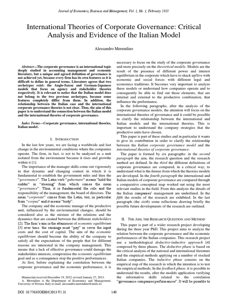 Analyzing the Relationship Between the Italian Model of Corporate ...
