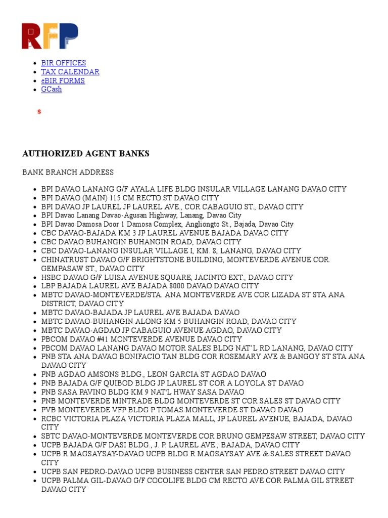 BIR RDO 132 - Authorized Agent Banks | PDF | Business