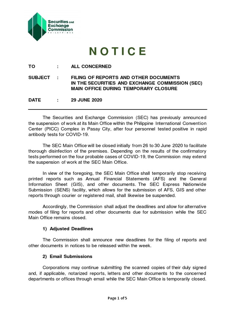 SEC Closure and Document Filing Update | PDF | Financial Statement | U ...