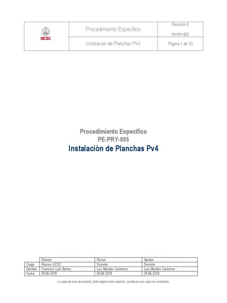 Procedimiento Intalacion Plancha PV4 | PDF | Seguridad y salud ocupacional | Tornillo