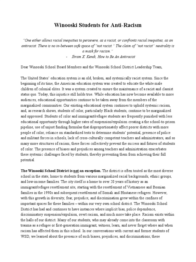 Winooski Students For Anti Racism Letter To The WSD Board and ...