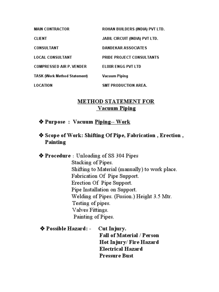 METHOD STATEMENT FORVacuum Piping | PDF