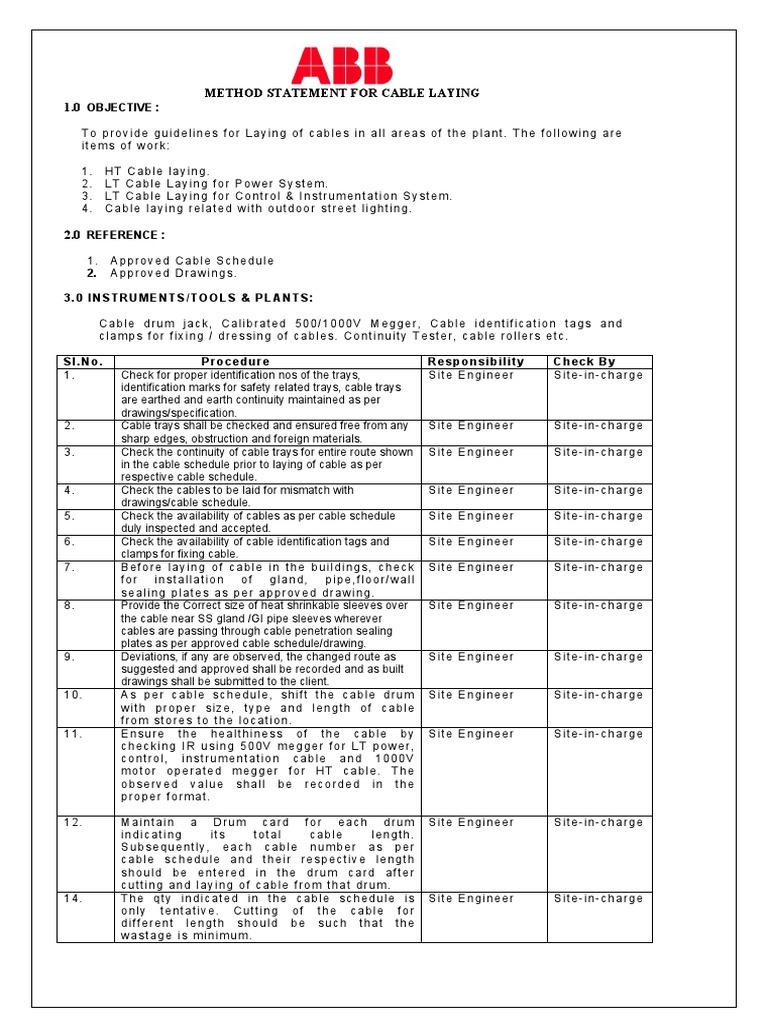 Method Statement - Cable Laying | PDF | Pipe (Fluid Conveyance ...