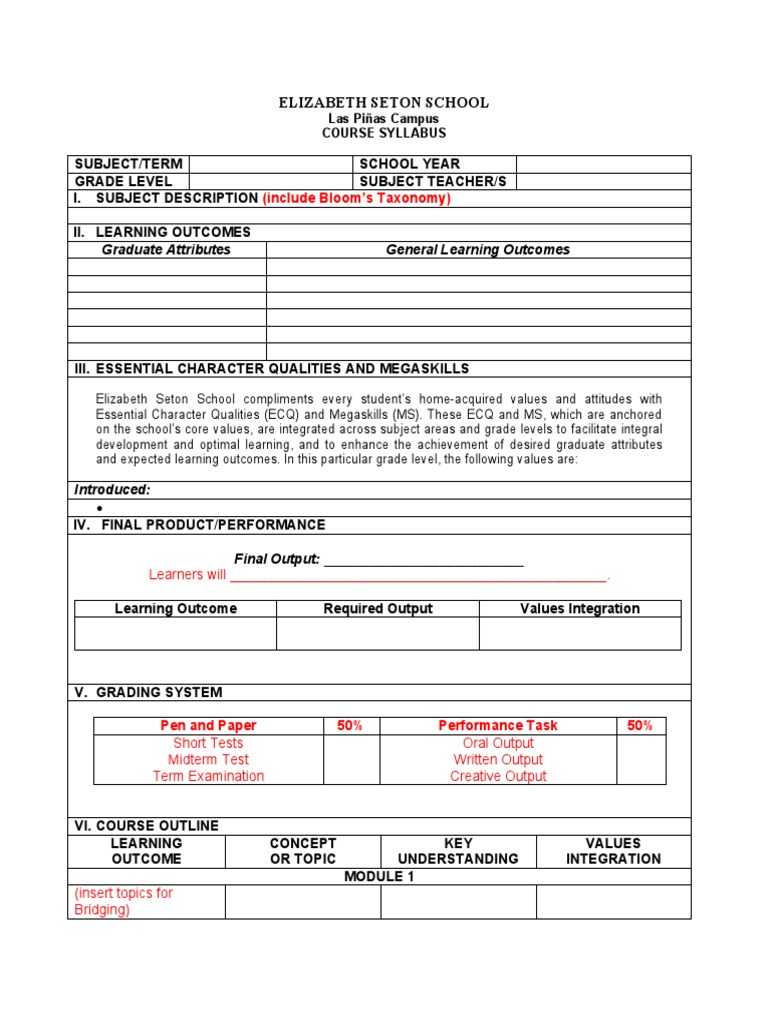 Course Syllabus Format (Values-I) | PDF | Learning | Behavior Modification