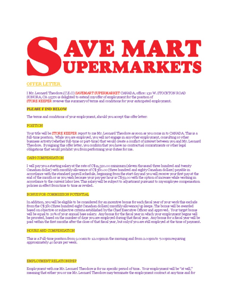 Savemart Store Keeper Offer Letter | PDF | Compensation And Benefits ...