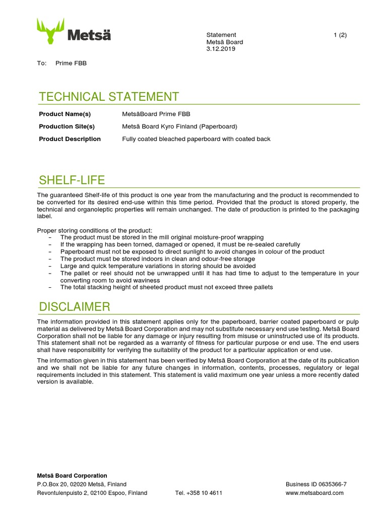 Technical Statement Shelf-Life MetsäBoard Prime FBB 03122019 Prime FBB ...