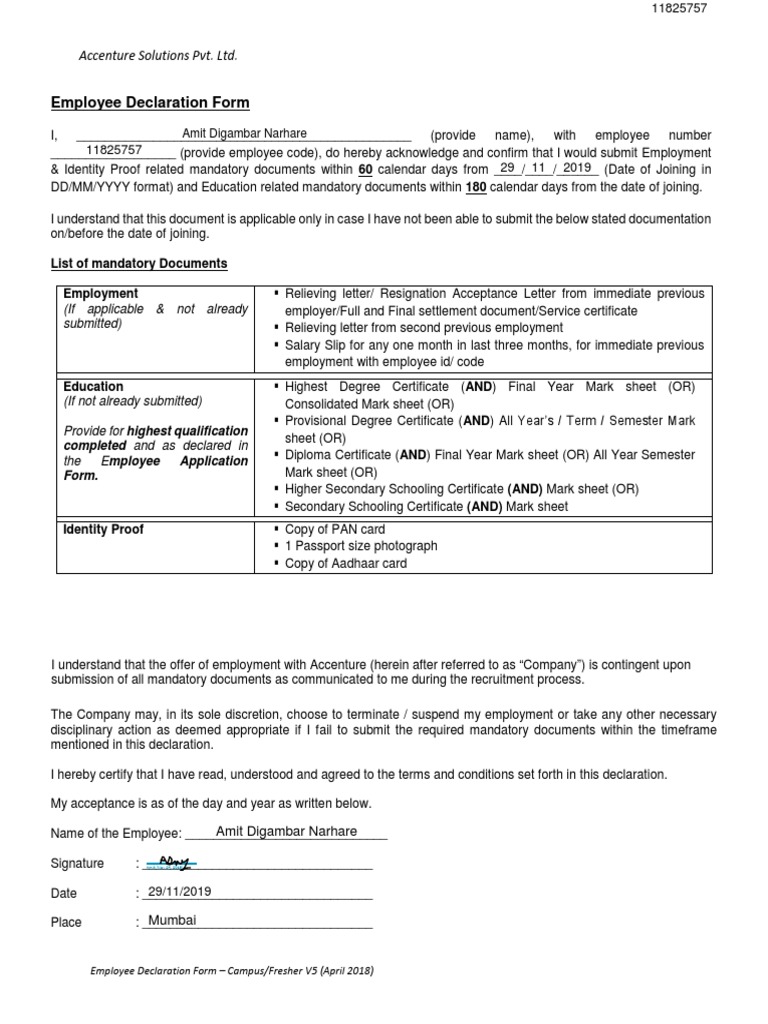 Accenture Employee Declaration Form V5 | PDF | Document | Government ...