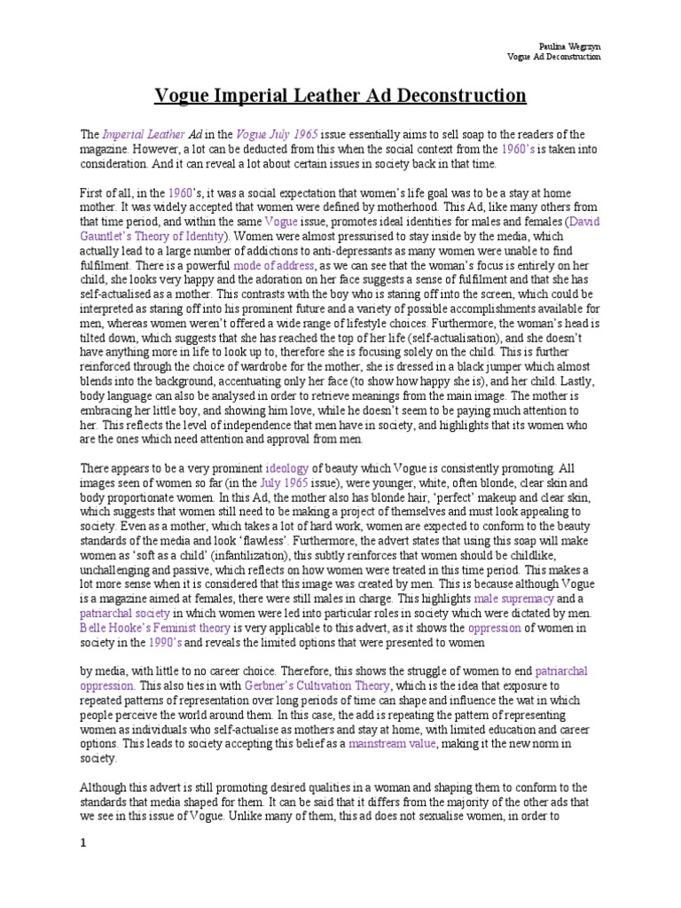 Vogue Imperial Leather Ad Deconstruction | PDF | Patriarchy | Mother