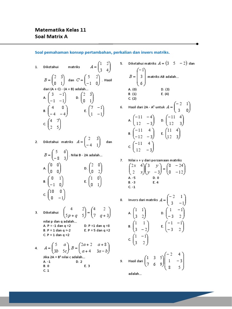 Matematika Kelas 11 Soal Matrix A: Soal Pemahaman Konsep Pertambahan ...