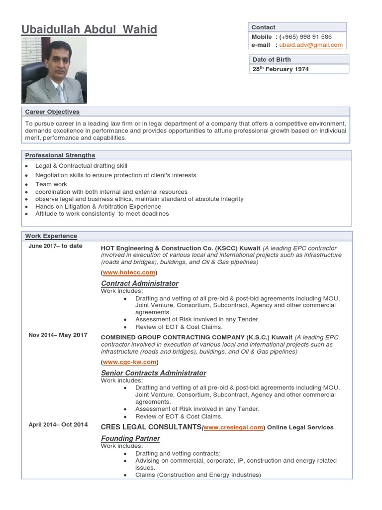 Ubaidullah Abdul Wahid: Contract Administrator | PDF | Surety | Lawyer